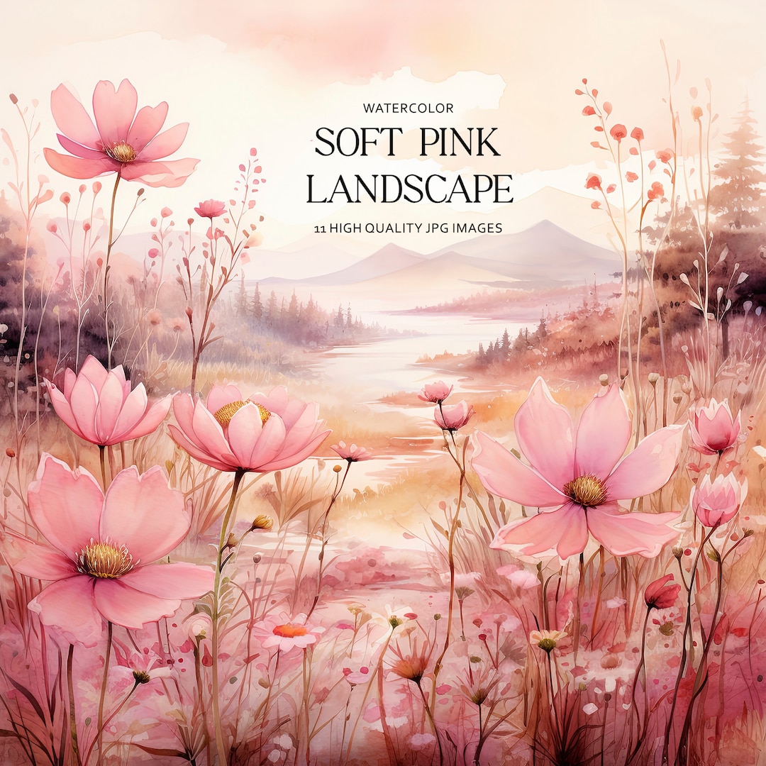 Watercolor Soft Pink Landscape Clipart for Digital Invitations, Digital ...