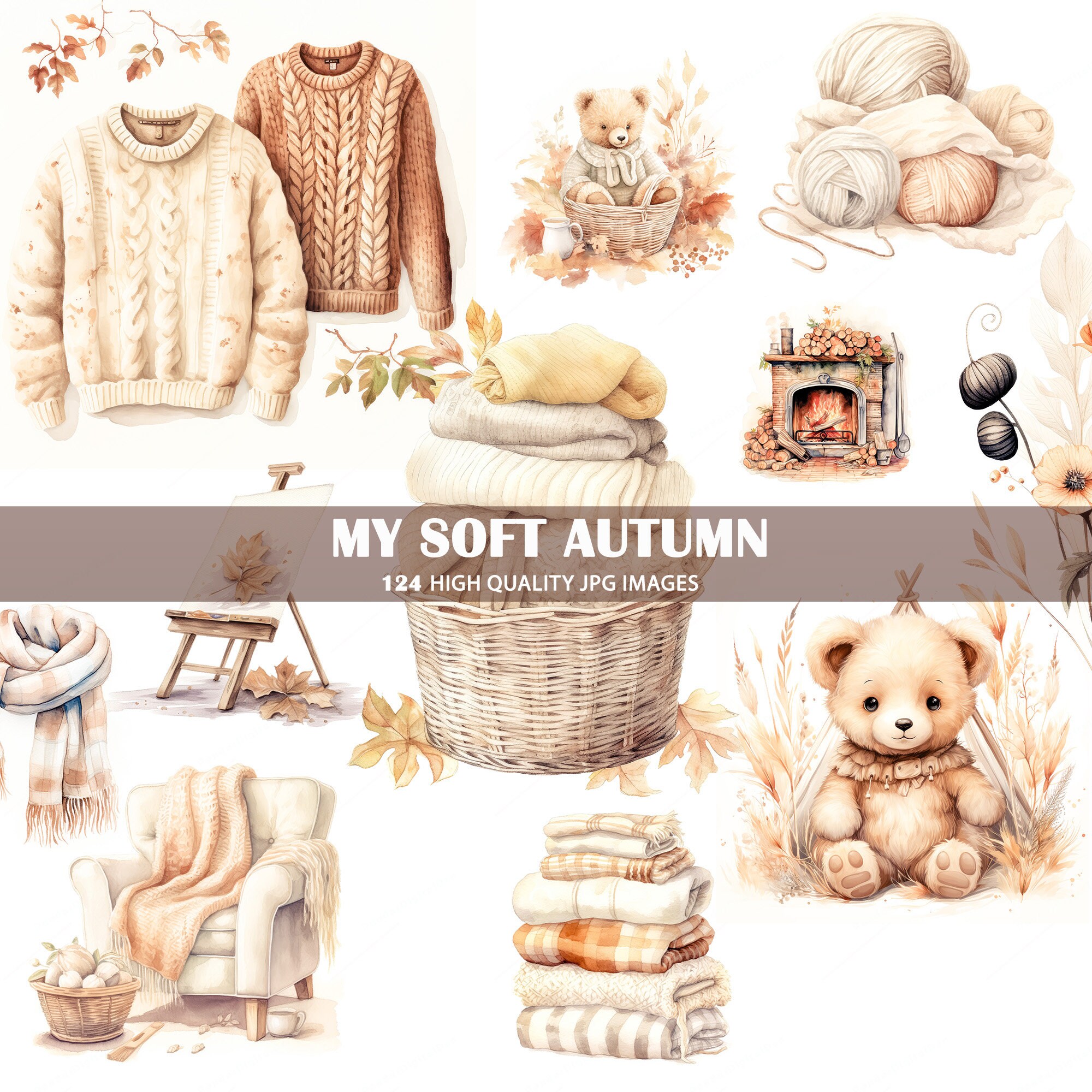 124 Muted Autumn Watercolor Clipart for Digital Invitations, Fall ...
