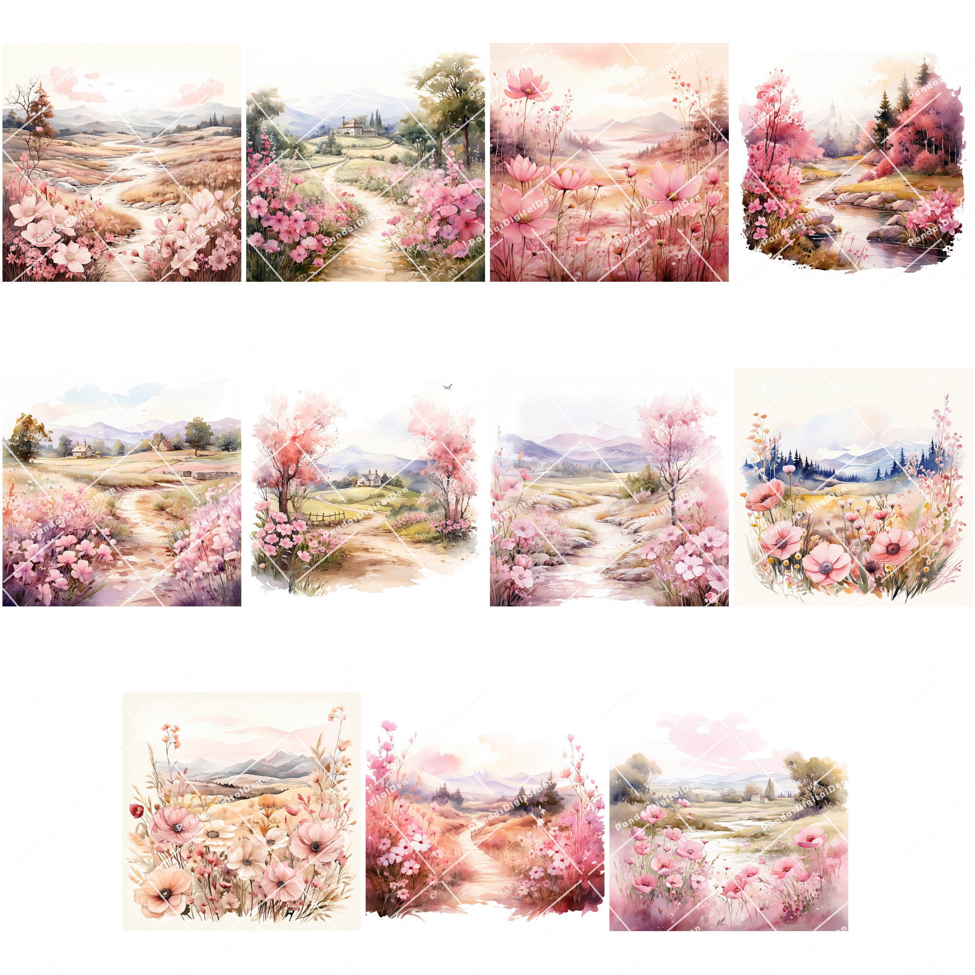 Watercolor Soft Pink Landscape Clipart for Digital Invitations, Digital ...