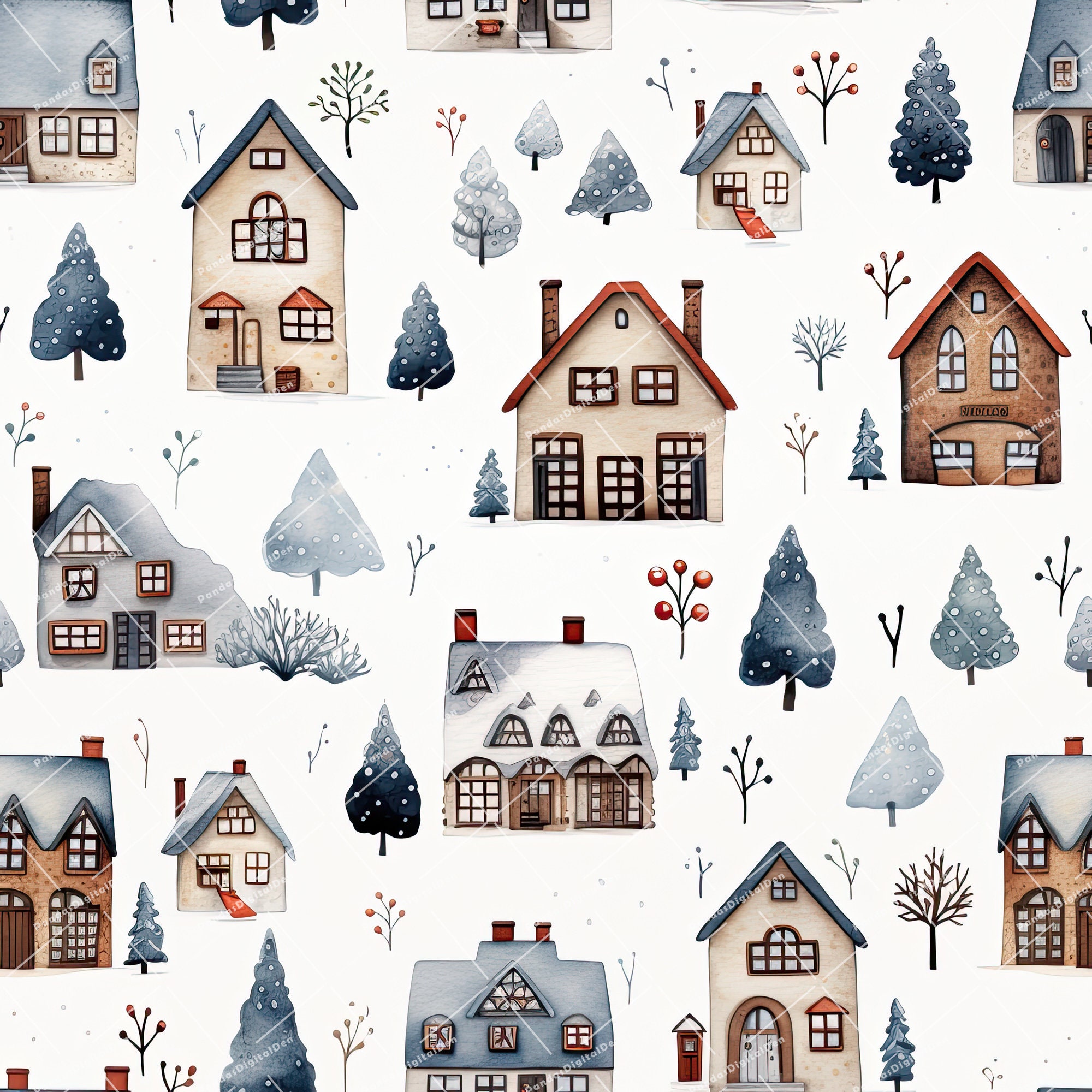 Winter Village Paper Set, Watercolor Gift Paper Wrap Set, Seamless ...