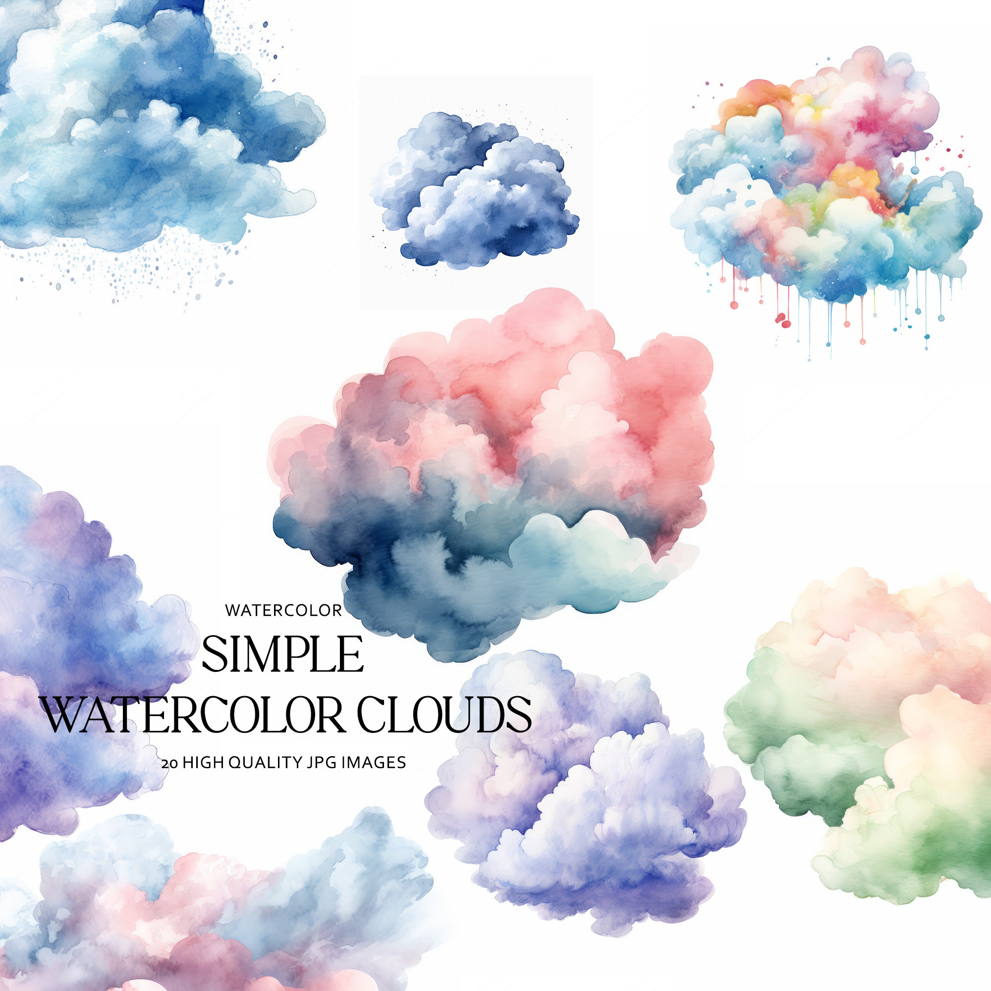20 Simple Watercolor Clouds | Set of Clouds Illustrations | Watercolor ...