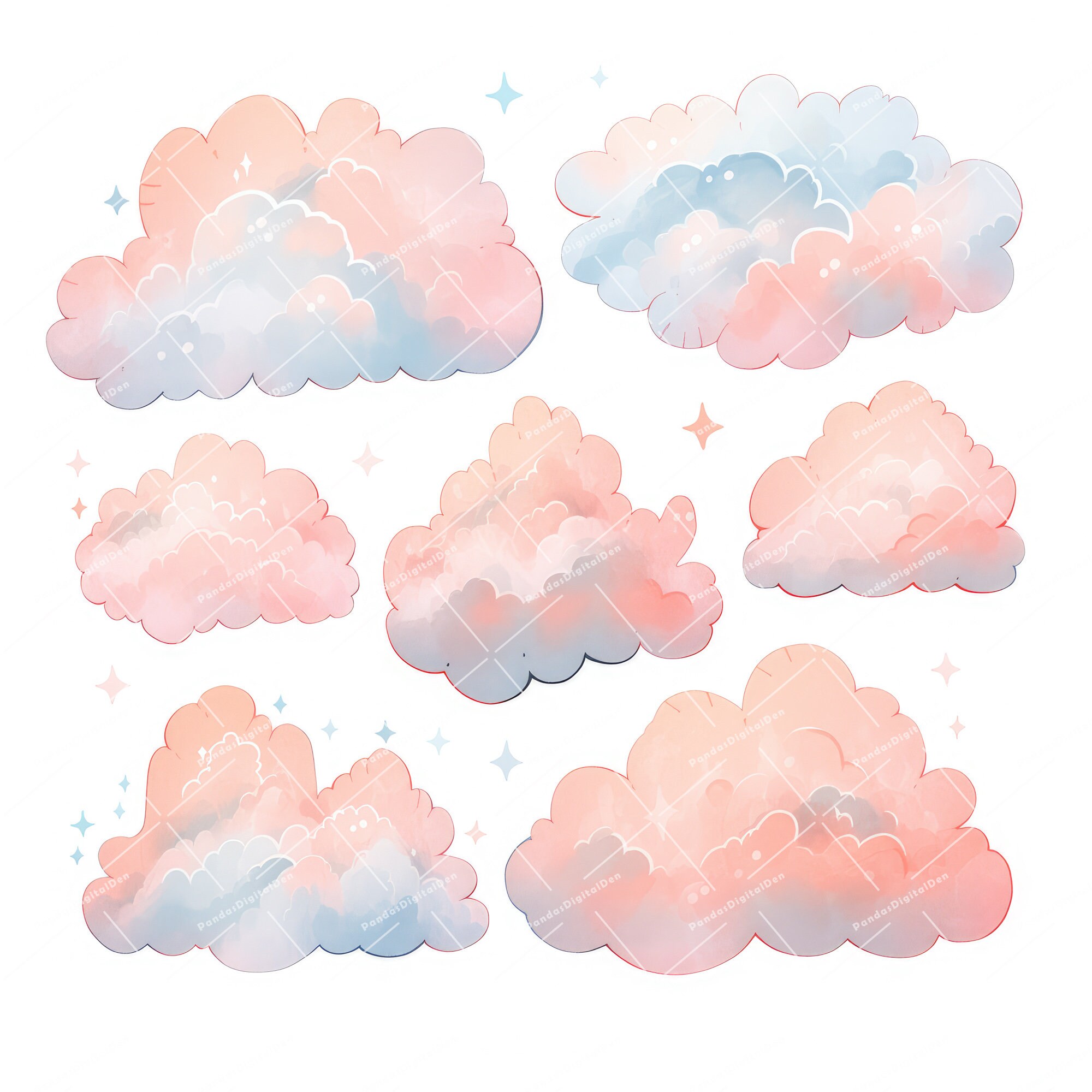 Cute Watercolor Kawaii Clouds Sheets Set of Clouds Illustrations Watercolor Sky Commercial Use ...