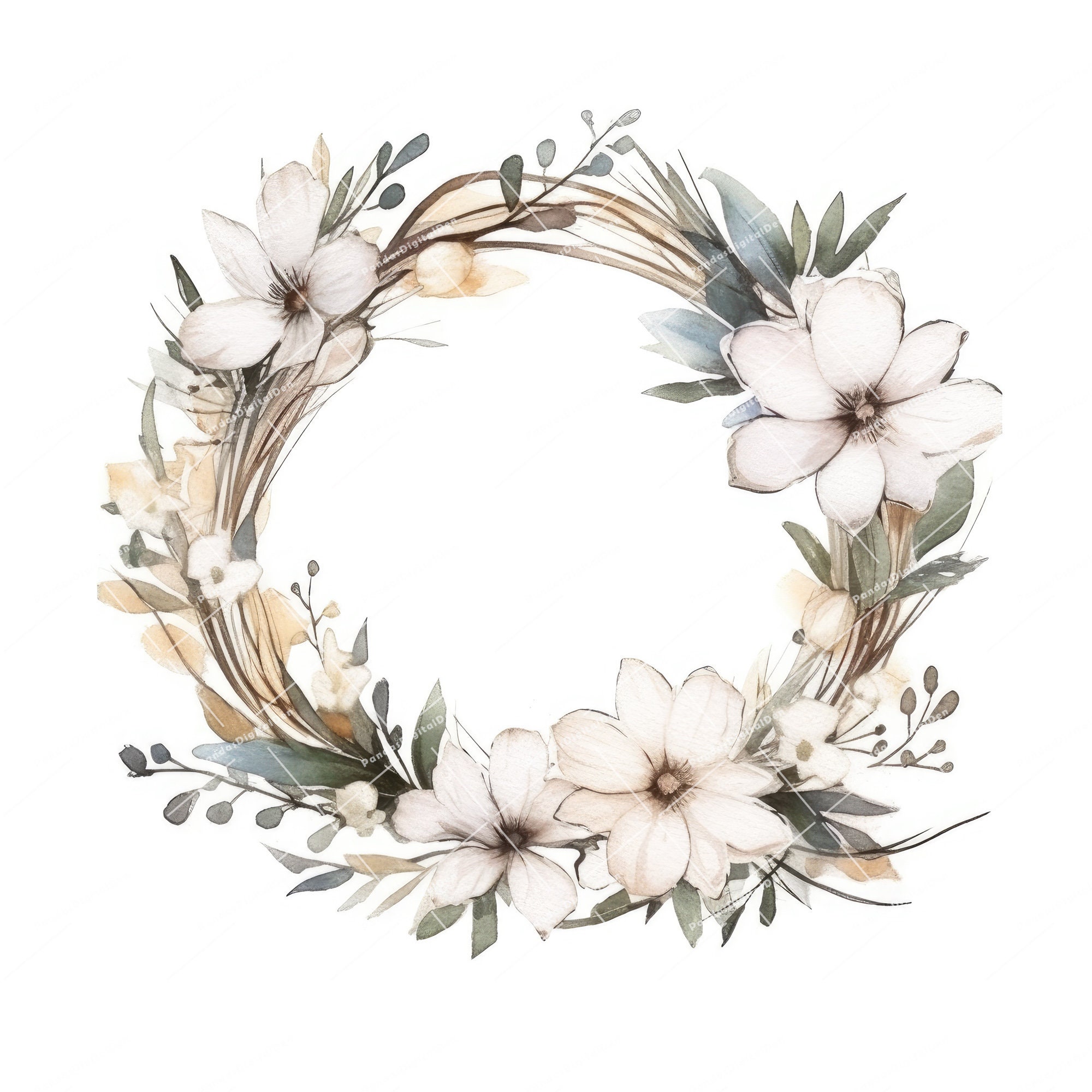 20 Watercolor White Flower Frames and Wreaths Clipart for Digital ...