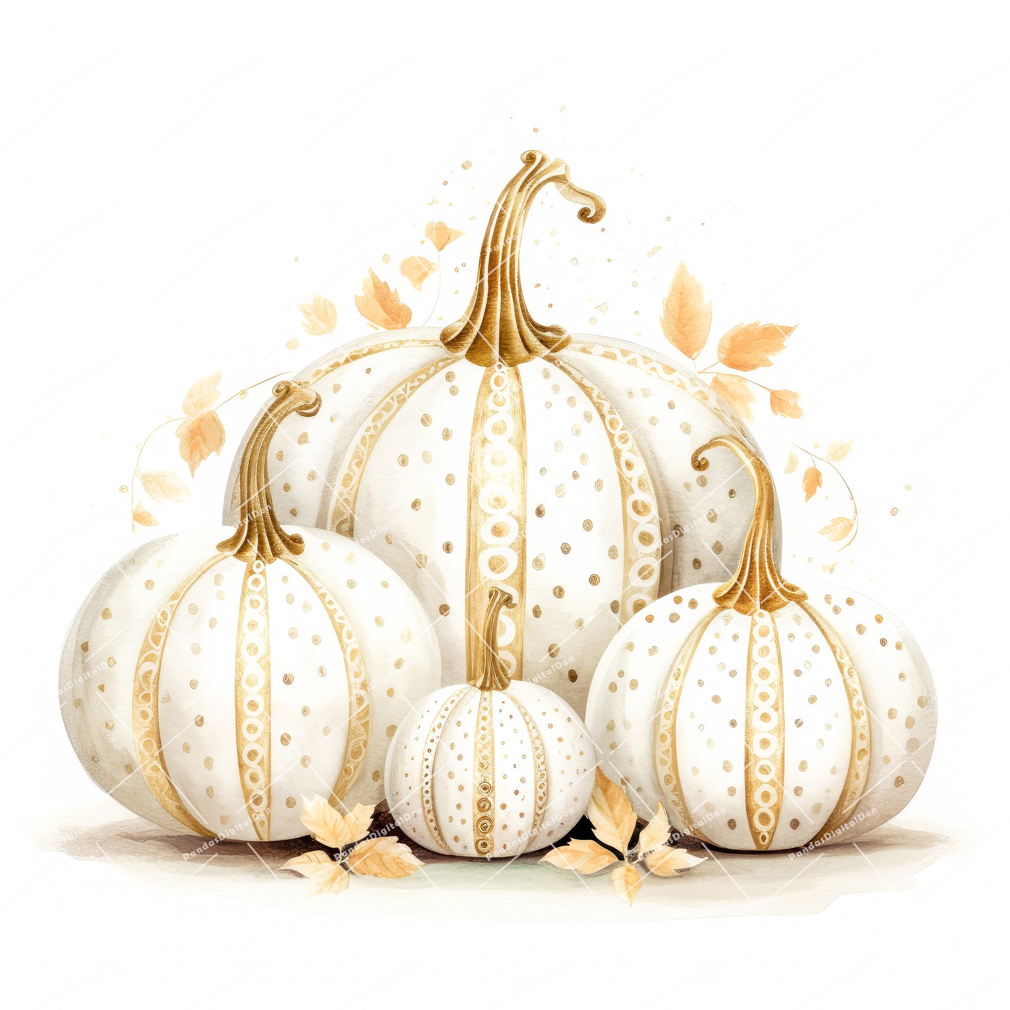 White and Gold Autumn Dreams Watercolor Clipart I White Gold Pumpkins I ...