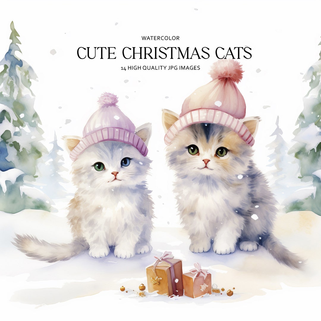 Watercolour Cute Christmas Cats Clipart - Cats Clipart - Christmas ...