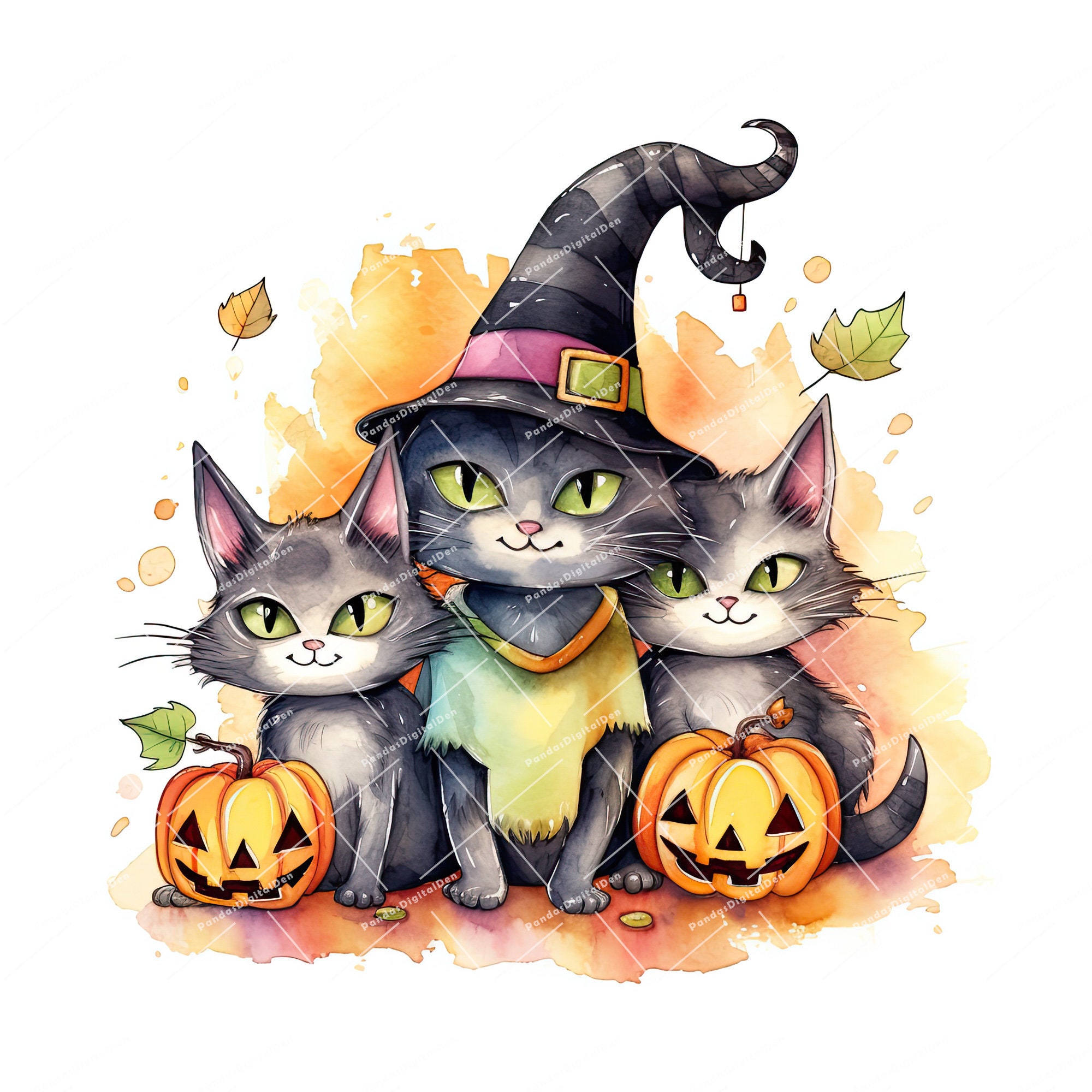 Watercolor Halloween Cat Clipart Set for Digital Invitations, Digital ...