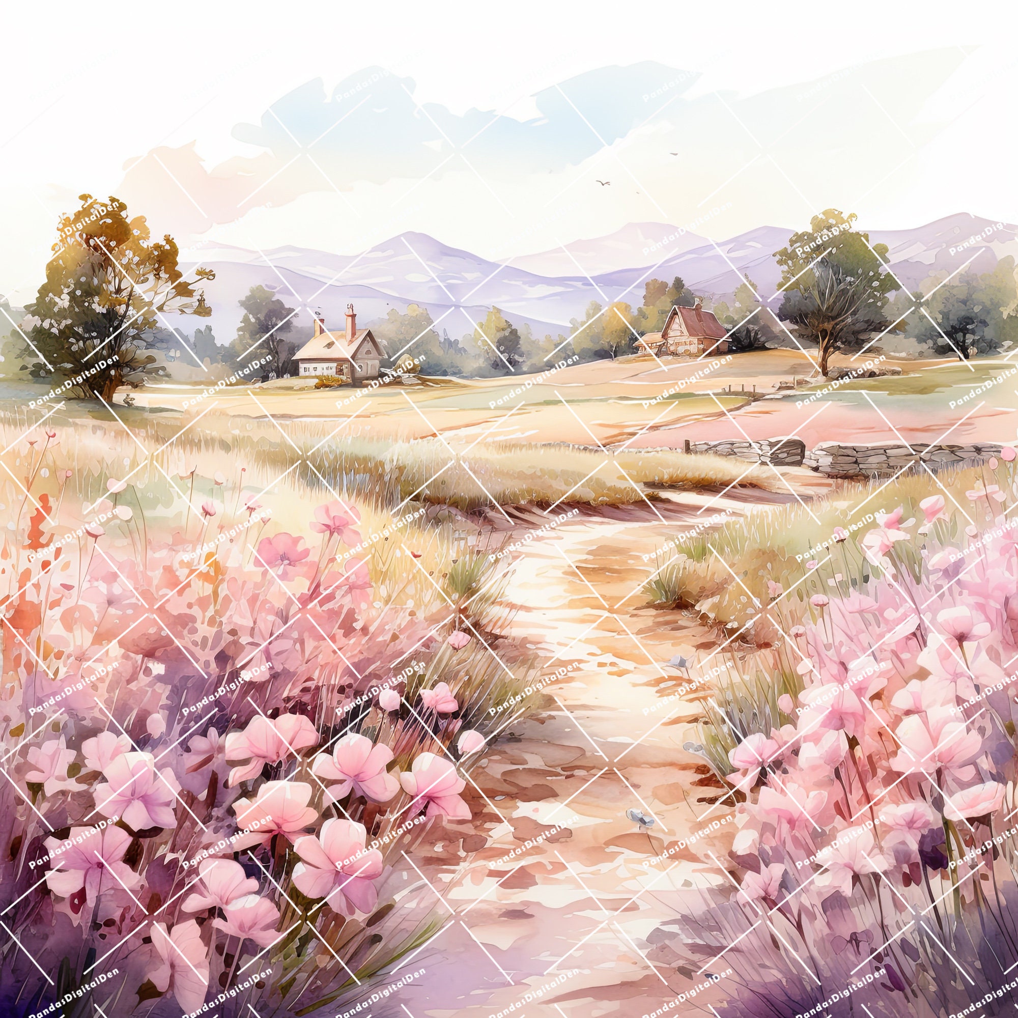 Watercolor Soft Pink Landscape Clipart for Digital Invitations, Digital ...