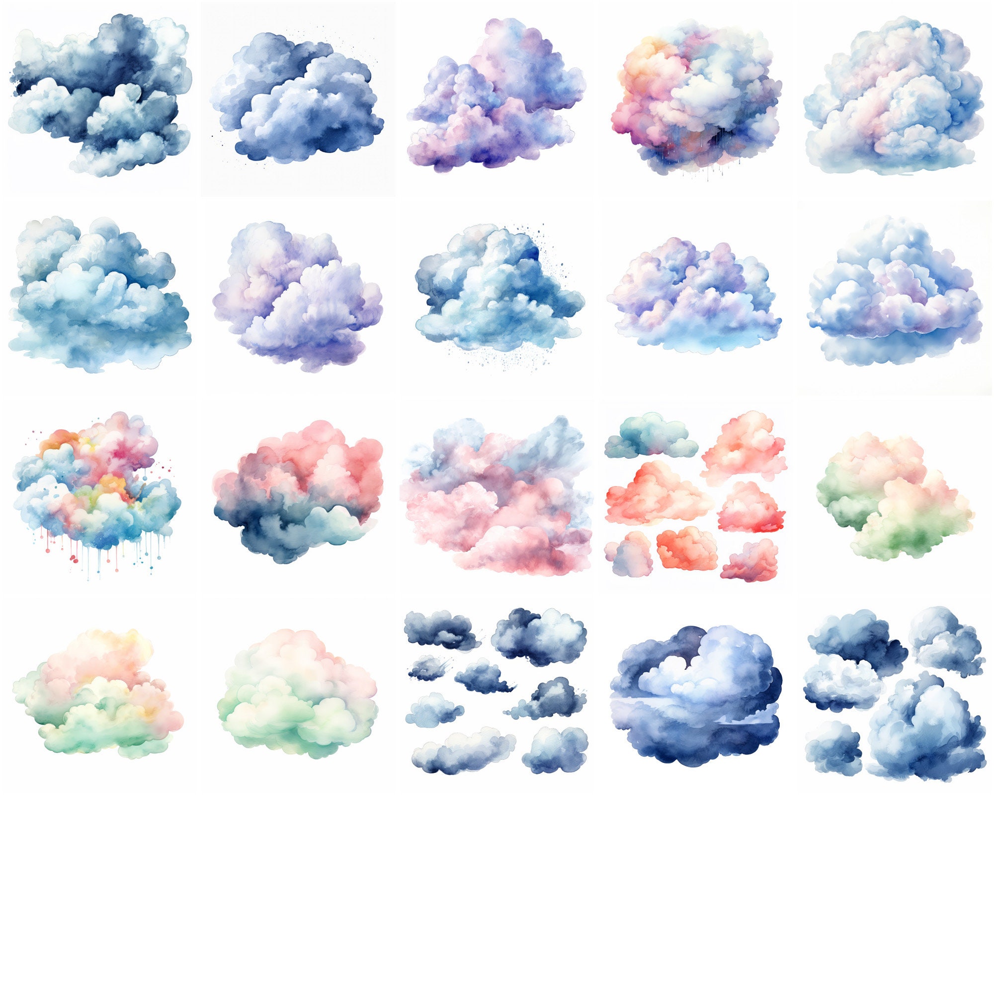 20 Simple Watercolor Clouds | Set of Clouds Illustrations | Watercolor ...
