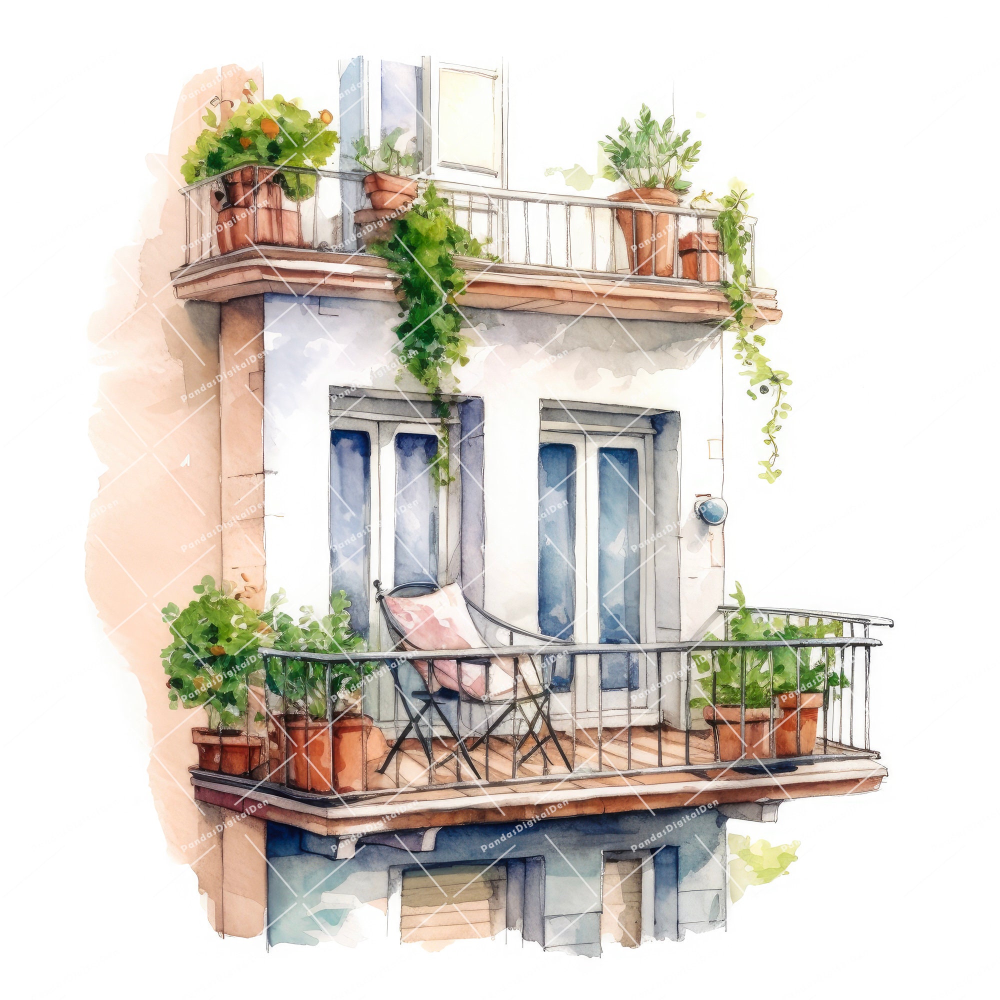 Boho Balcony Watercolor Clipart for Digital Invitations, Digital ...