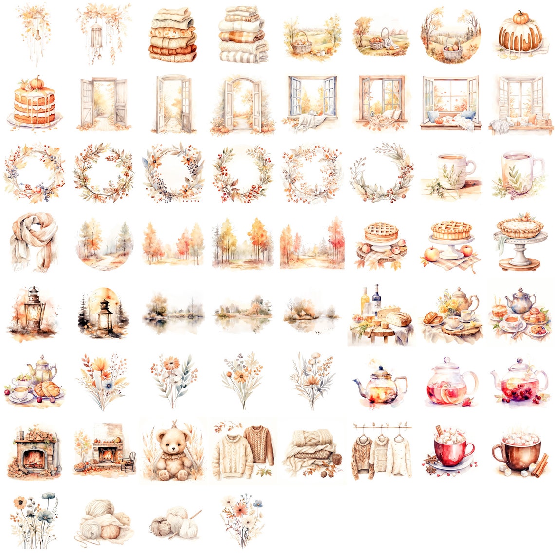 124 Muted Autumn Watercolor Clipart for Digital Invitations, Fall ...