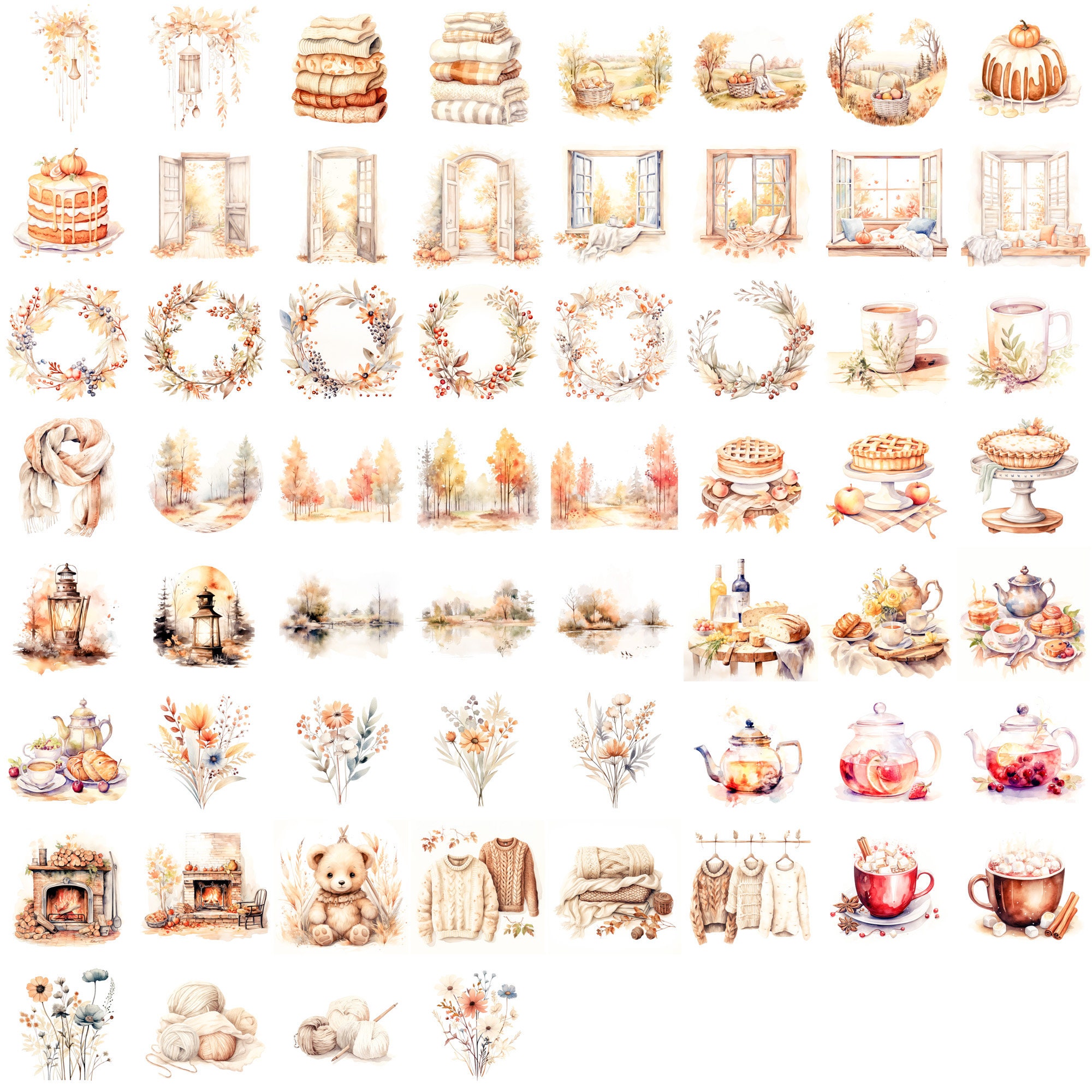 124 Muted Autumn Watercolor Clipart for Digital Invitations, Fall ...