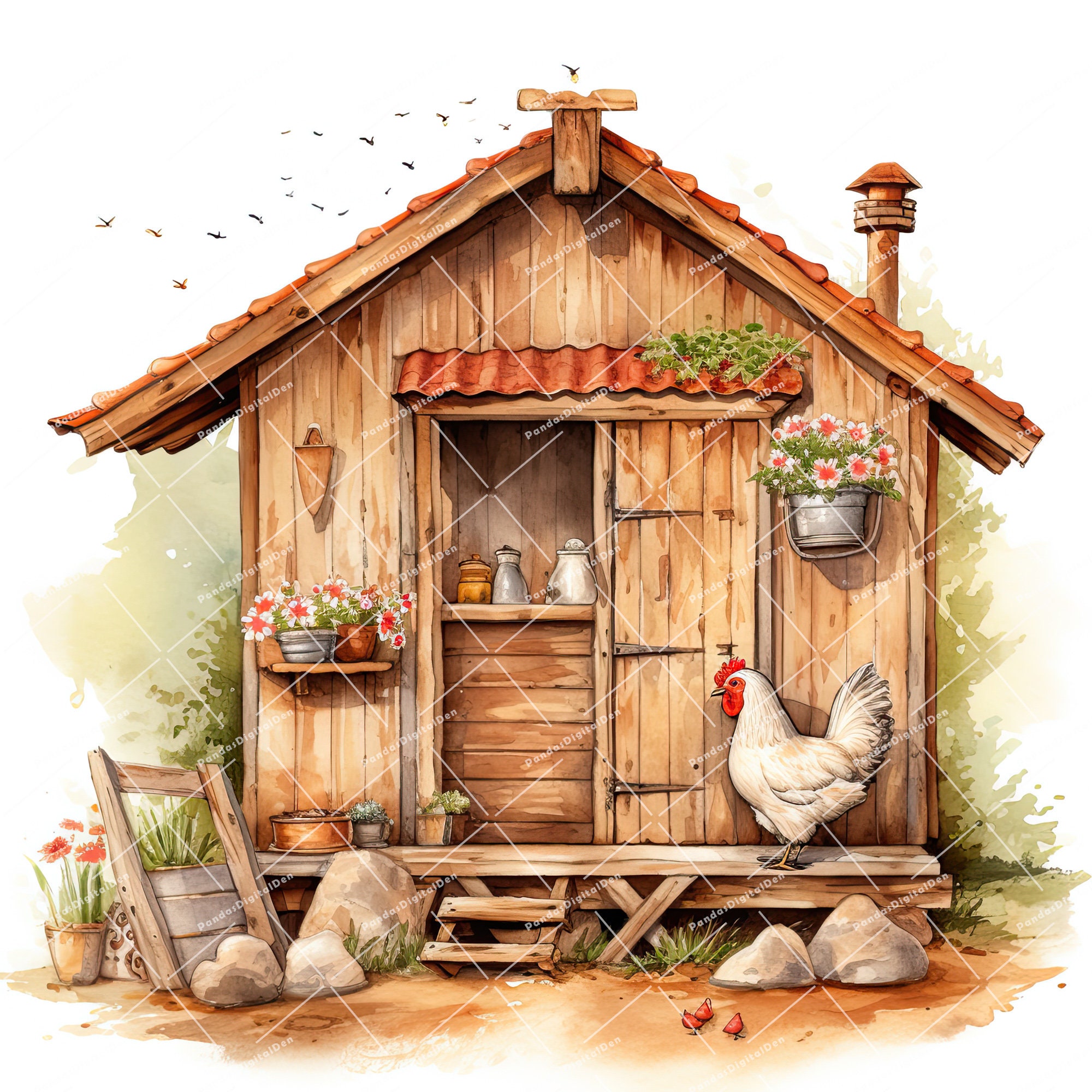 8 Watercolor Chicken Coop Clipart for Digital Invitations - Etsy