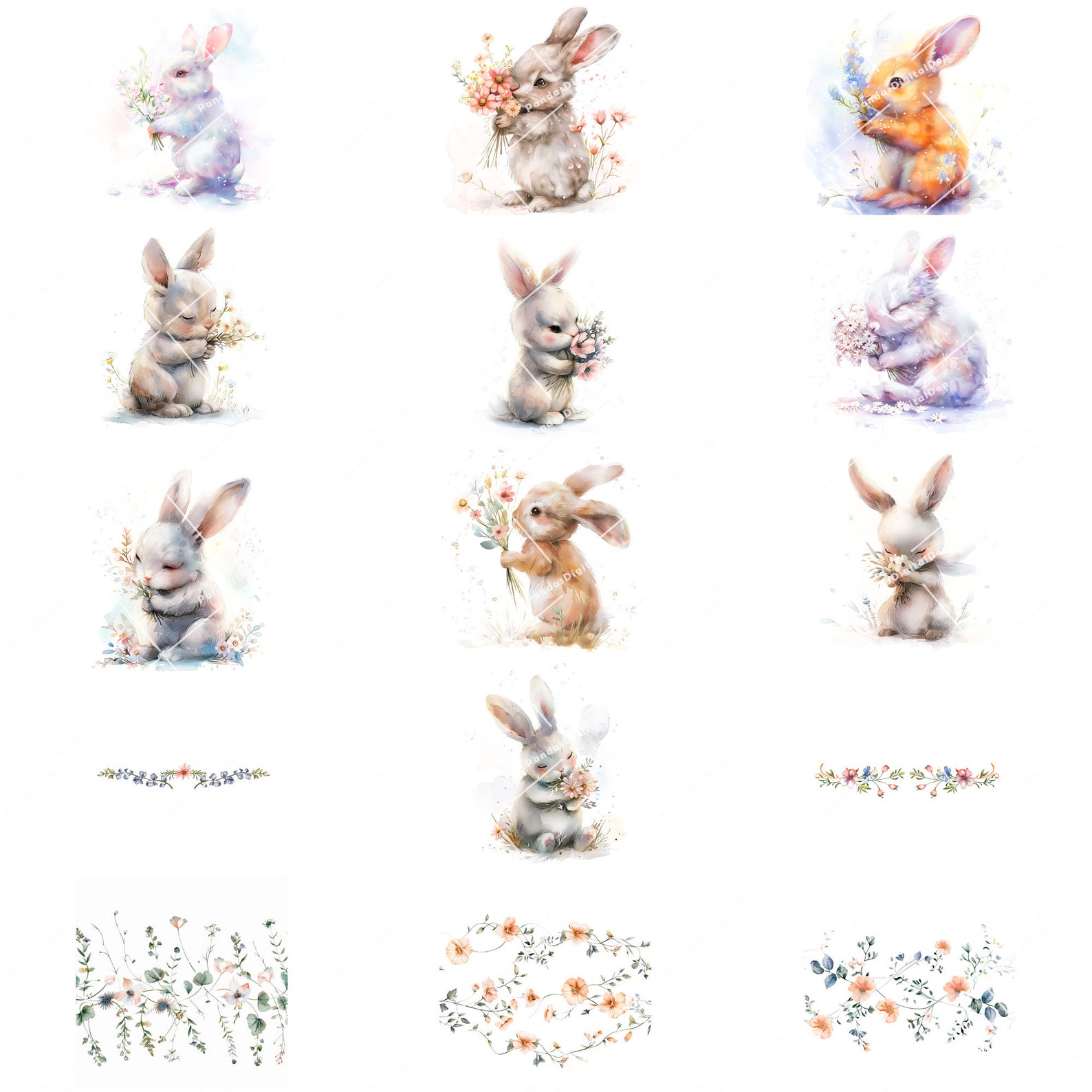 15 Bunnies Clipart I Easter Clipart I Nursery Spring I Wild Flowers ...
