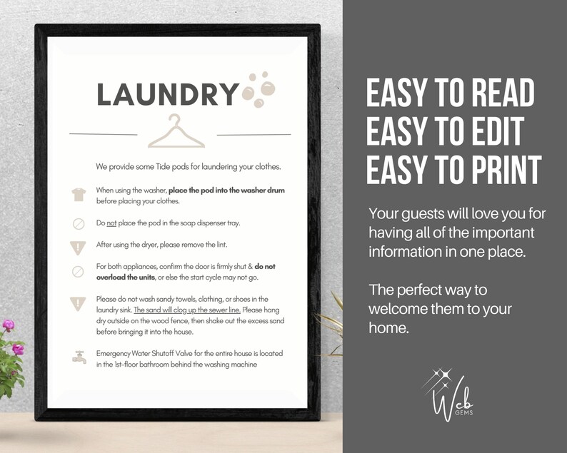 Airbnb Laundry Rules Sign, Laundry Room Sign, Laundry Guide, Airbnb ...