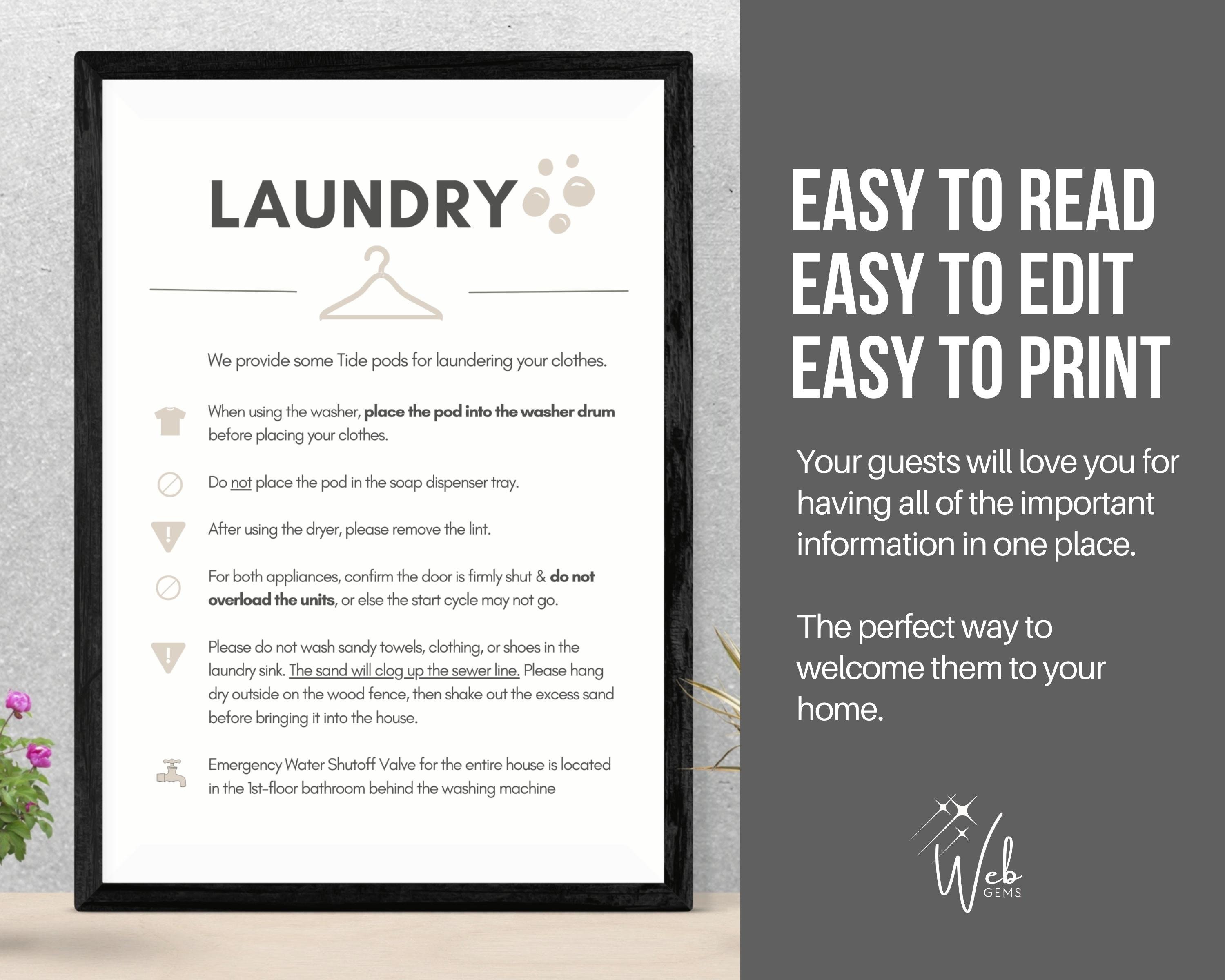 Airbnb Laundry Rules Sign, Laundry Room Sign, Laundry Guide, Airbnb ...