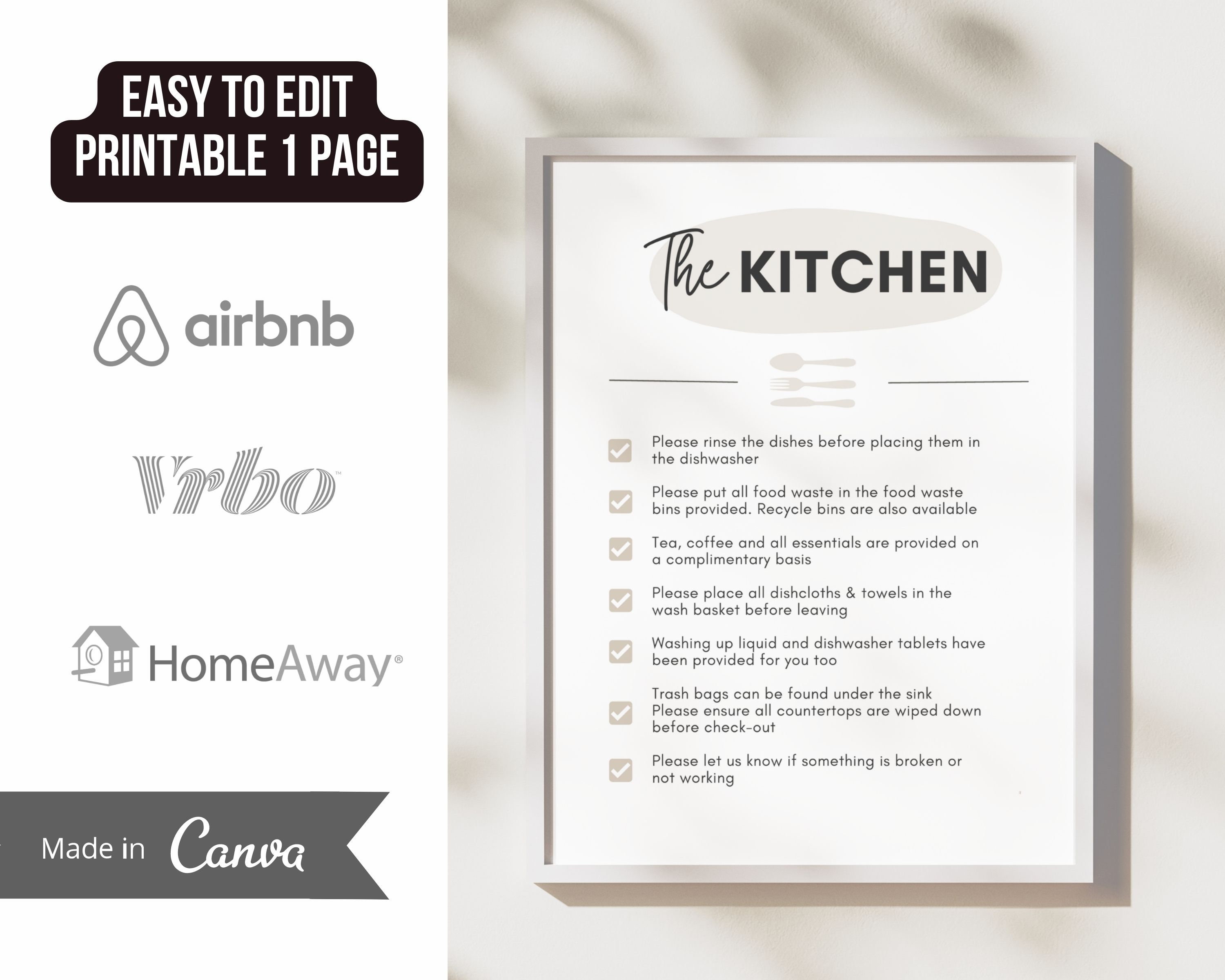 Airbnb Kitchen Sign, Kitchen Sign, Kitchen Rules, Airbnb Signs Template ...