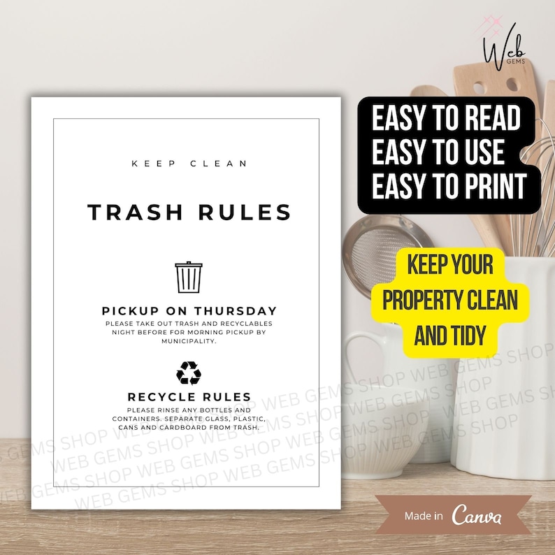Airbnb Trash & Recycle Rules Sign: Modern Garbage Day Poster (digital ...