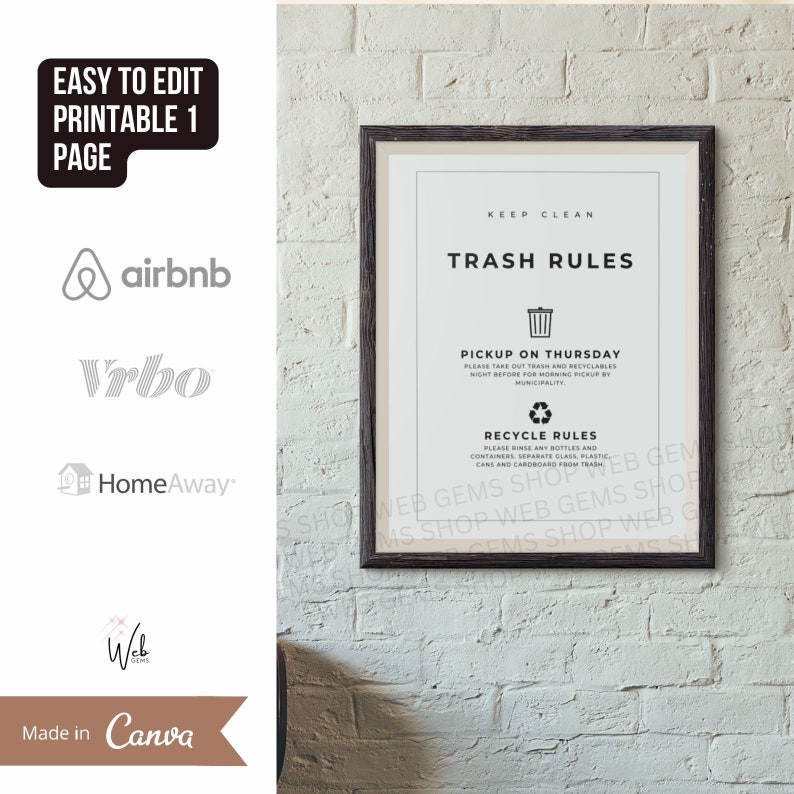 Airbnb Trash & Recycle Rules Sign: Modern Garbage Day Poster (digital ...