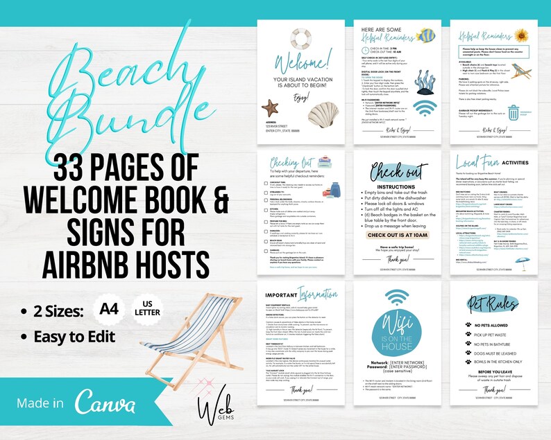Seaside Airbnb Welcome Book, Beach Airbnb, Signs, Template, Rental ...