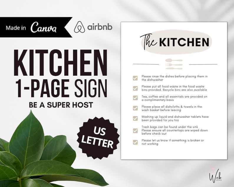 Airbnb Kitchen Sign, Kitchen Sign, Kitchen Rules, Airbnb Signs Template ...