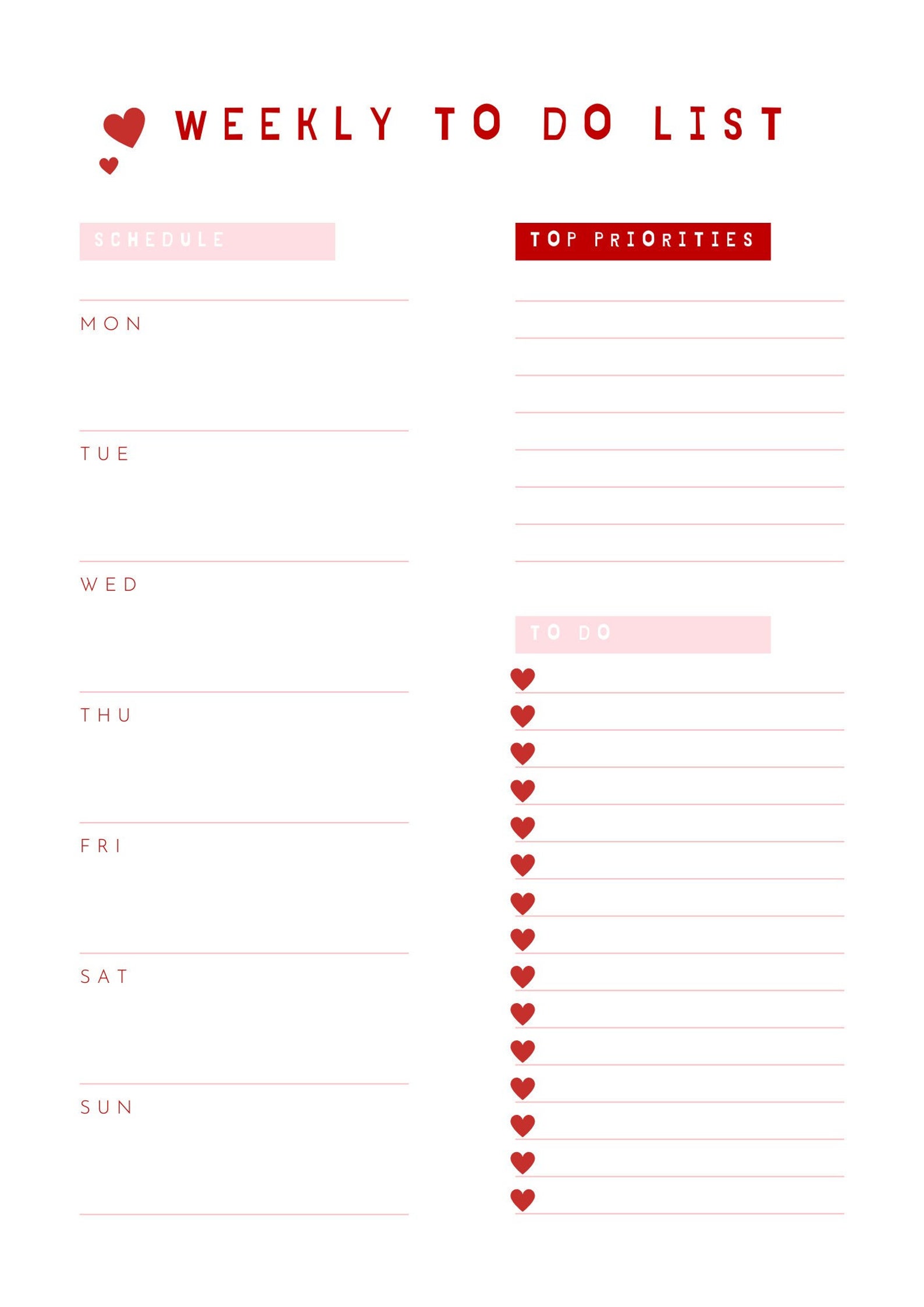 Weekly to Do List Printable, To-do List, Instant Download, Valentines ...