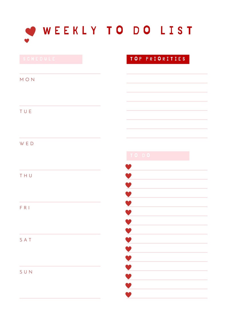 Weekly to Do List Printable, To-do List, Instant Download, Valentines ...