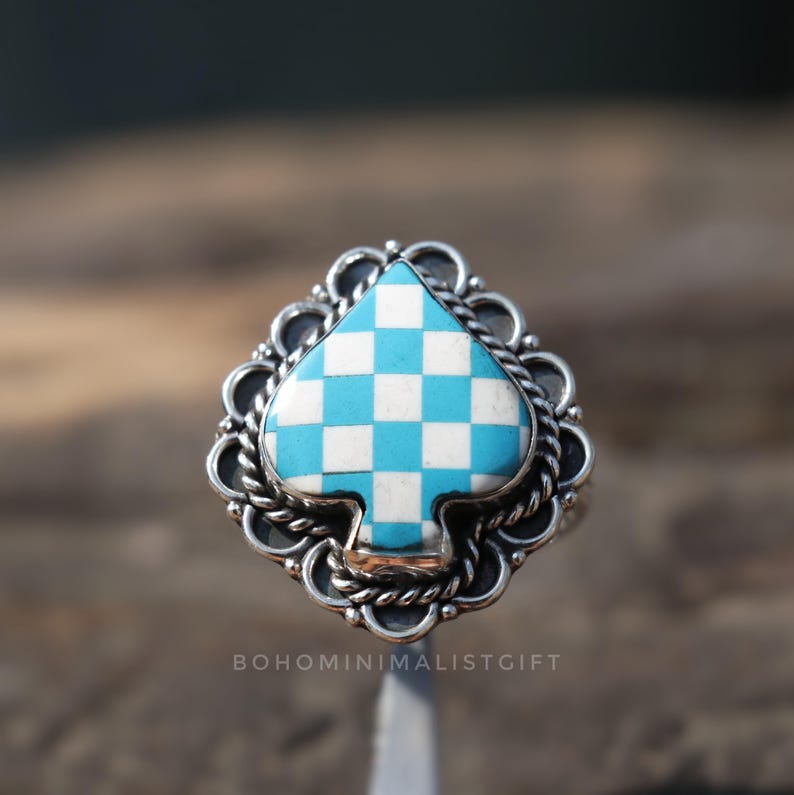 Turquoise Checkered Spades Ring: 925 Sterling Silver, Handmade Designer ...