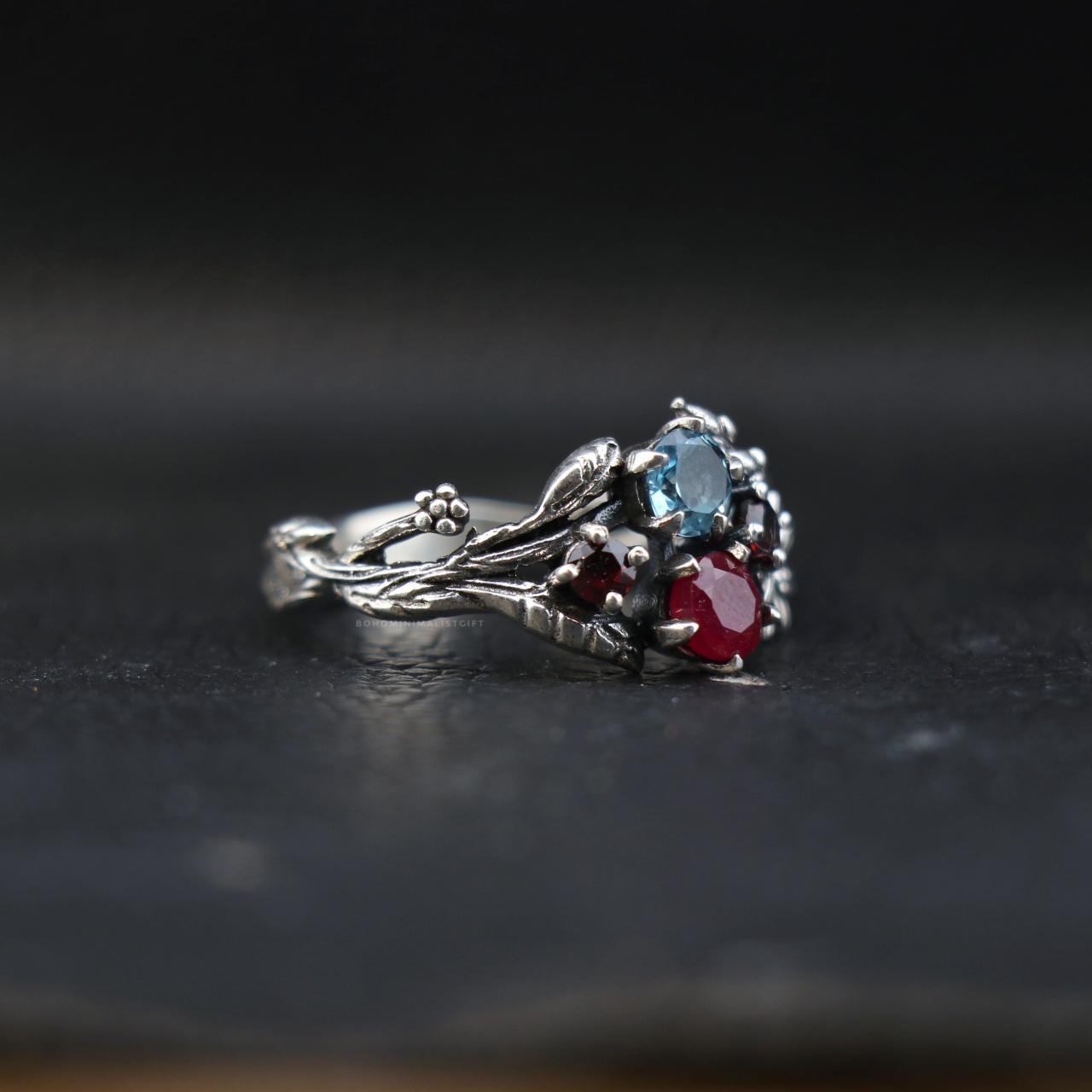 Blue Topaz & Ruby Ring, Sterling Silver Leaf Band, Handmade Branches ...