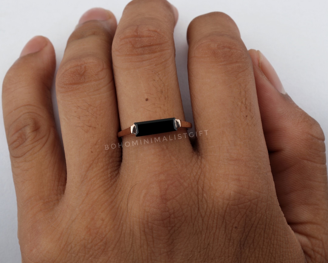 Black Onyx Ring, Rectangle Bar Gemstone Ring, 18k Rose Gold, 925 ...