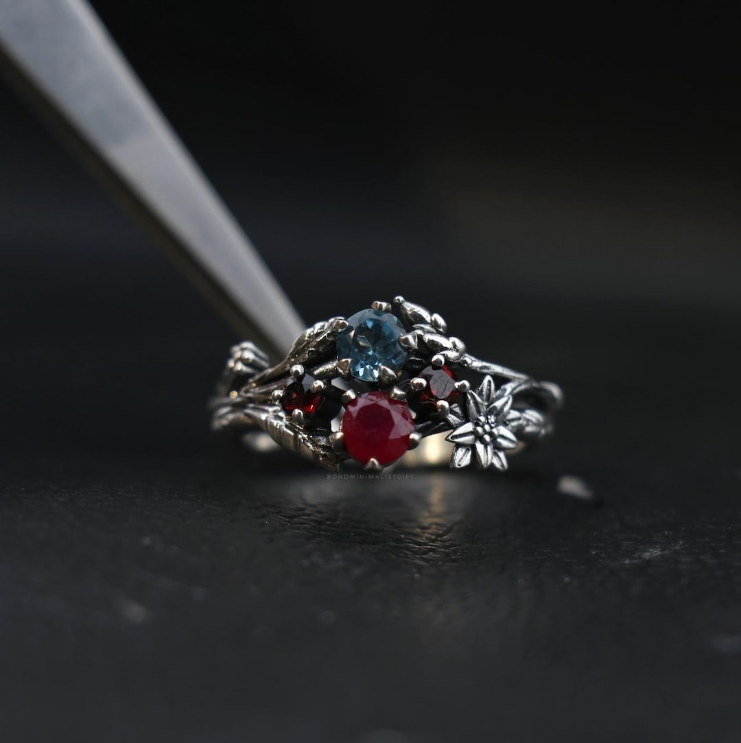 Blue Topaz & Ruby Ring, Sterling Silver Leaf Band, Handmade Branches ...