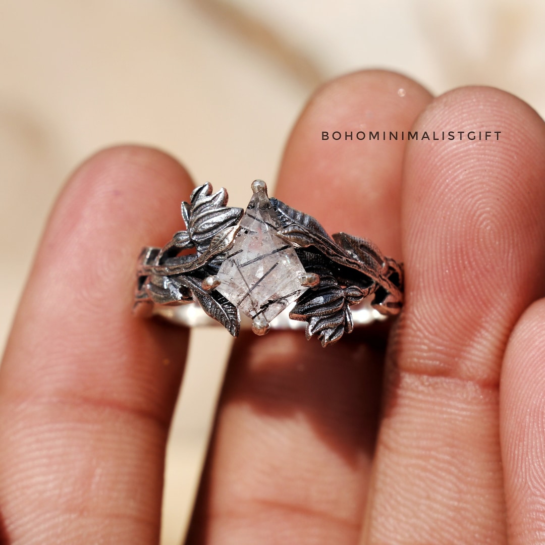 Silver Leaves Ring, Black Rutile Ring, Kite Cut Stone Ring, 925 Sterling Silver Ring, Handmade ...