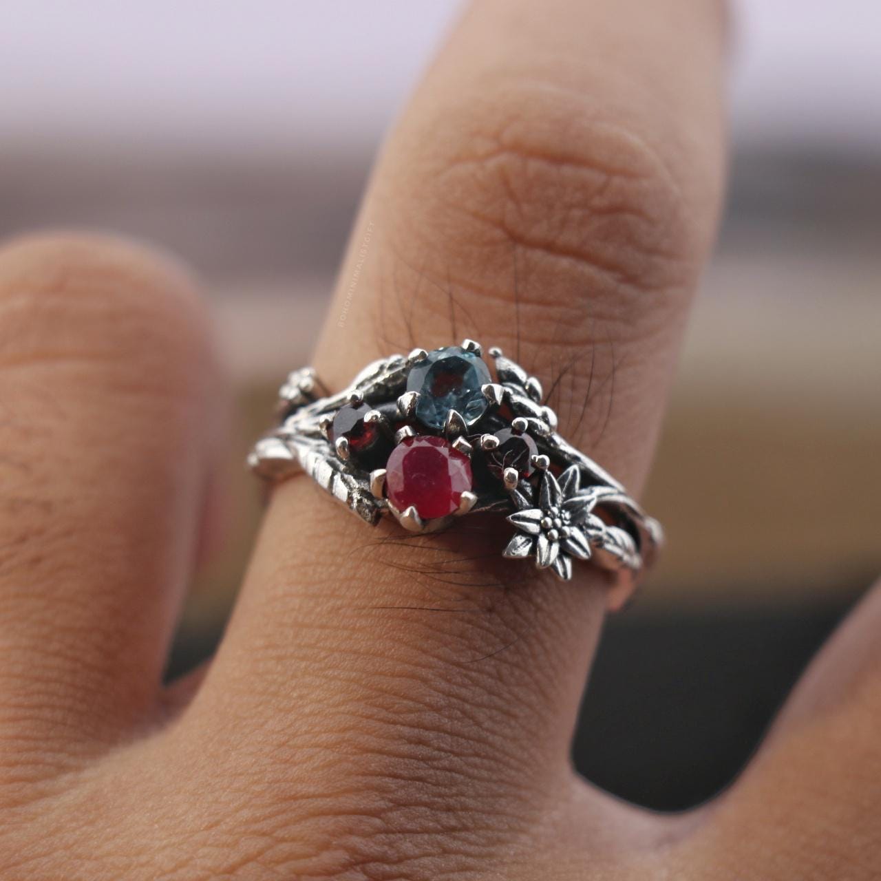 Blue Topaz & Ruby Ring, Sterling Silver Leaf Band, Handmade Branches ...