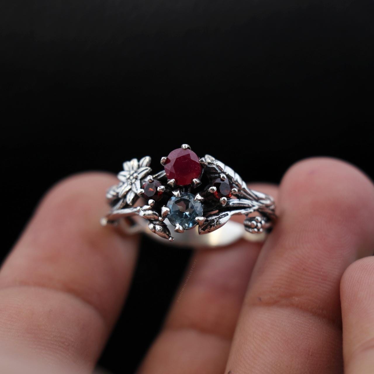Blue Topaz & Ruby Ring, Sterling Silver Leaf Band, Handmade Branches ...