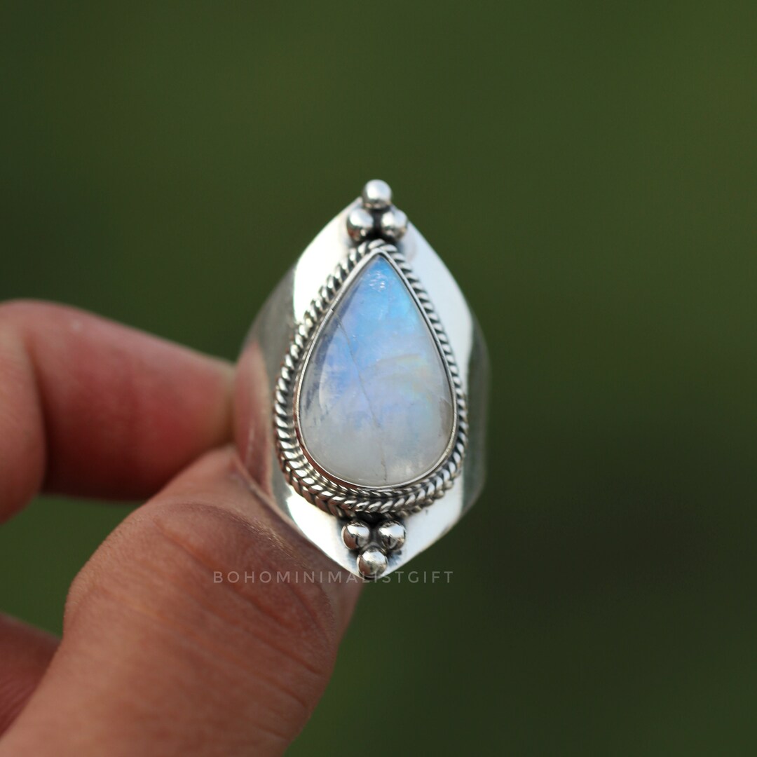 Natural Moonstone Ring, Teardrop Gemstone Ring, 925 Sterling Silver ...