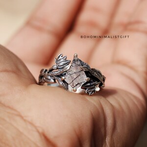 Silver Leaves Ring, Black Rutile Ring, Kite Cut Stone Ring, 925 Sterling Silver Ring, Handmade ...