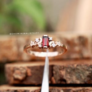 Celestial Moon Stars Ring, Red Garnet Ring, 18k Rose Gold Vermeil, 925 ...