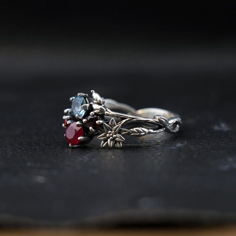 Blue Topaz & Ruby Ring, Sterling Silver Leaf Band, Handmade Branches ...