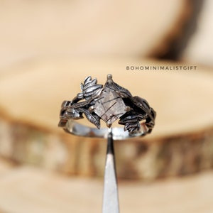 Silver Leaves Ring, Black Rutile Ring, Kite Cut Stone Ring, 925 Sterling Silver Ring, Handmade ...