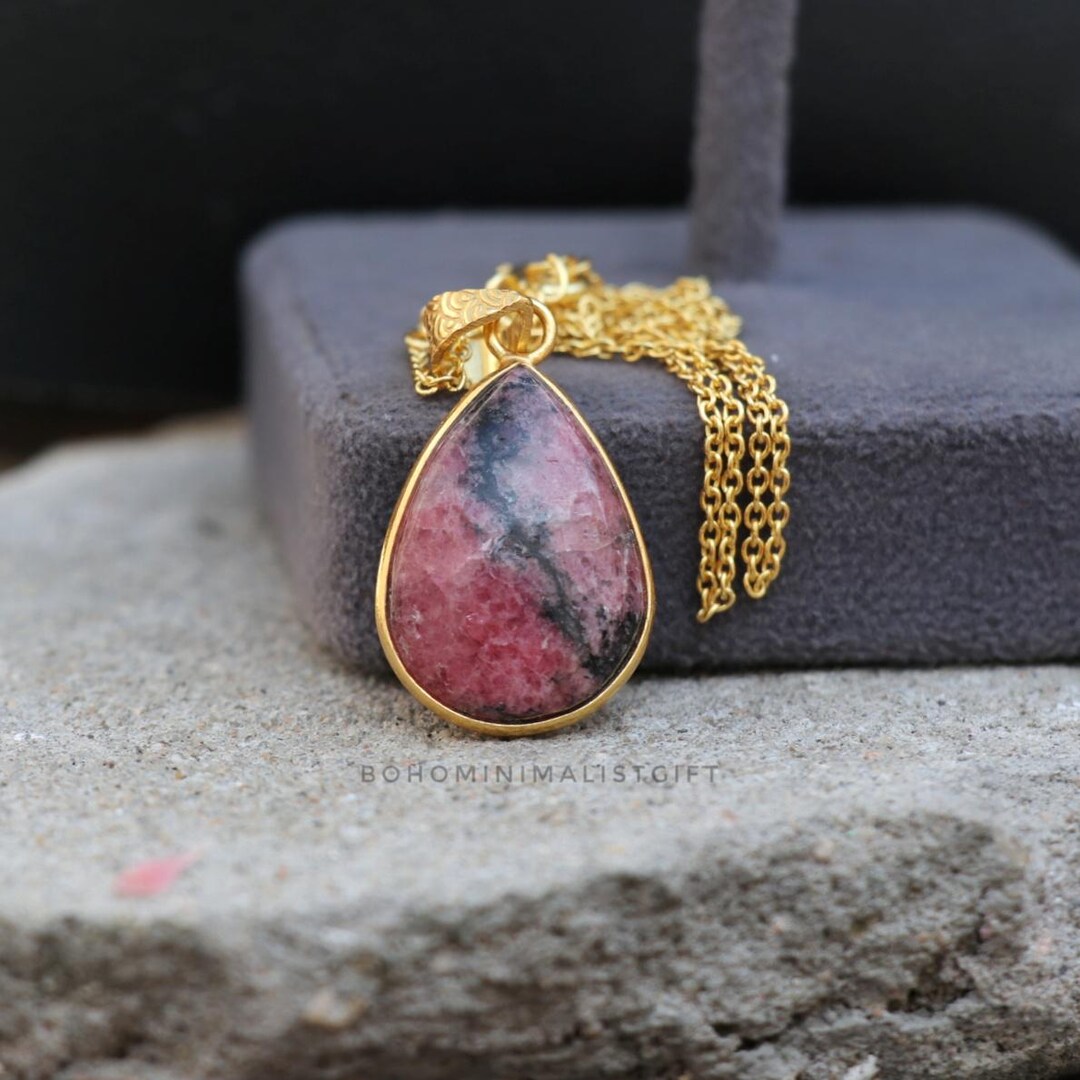 Pink Rhodonite Pendant: 18k Gold Plated, 925 Sterling Silver Necklace ...