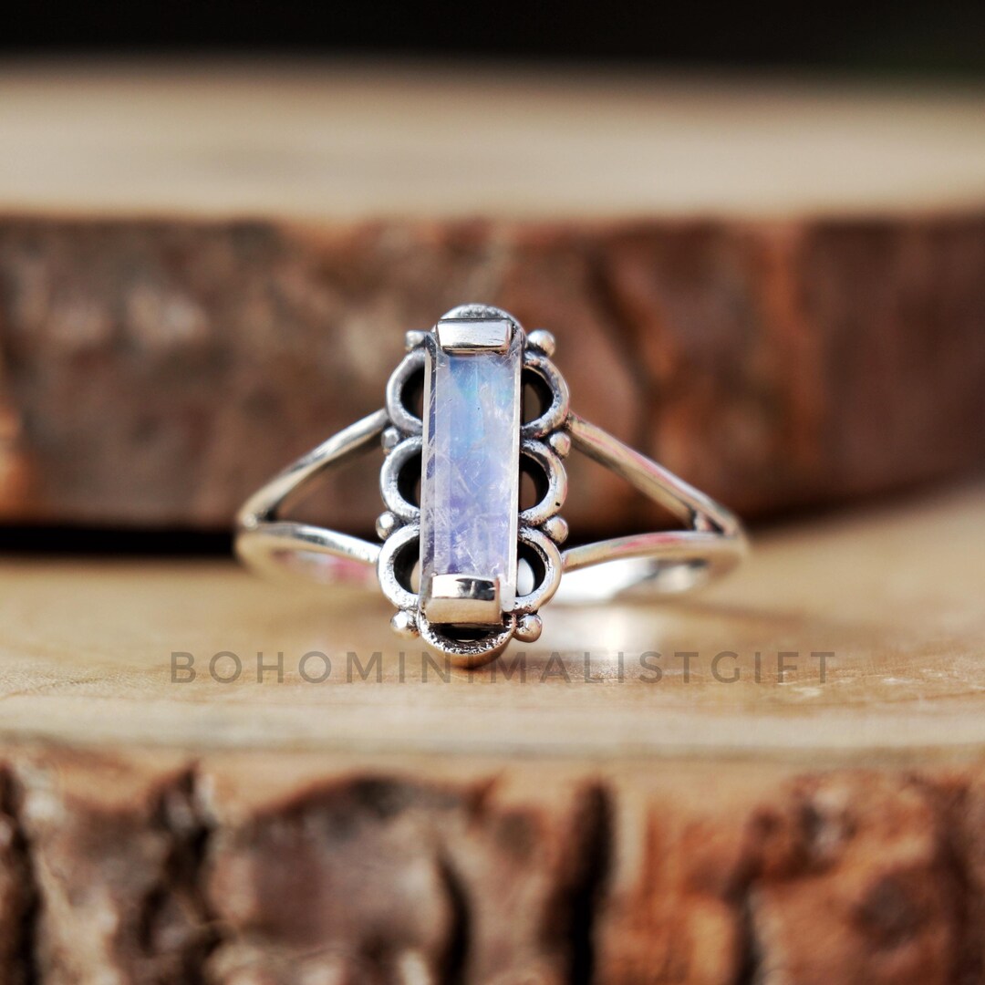Natural Moonstone Ring, Rectangle Bar Ring, 925 Sterling Silver Ring ...