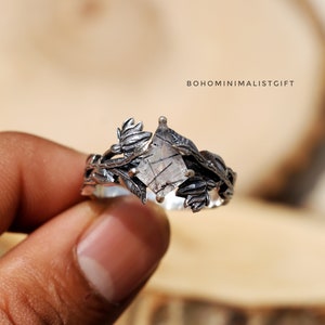 Silver Leaves Ring, Black Rutile Ring, Kite Cut Stone Ring, 925 Sterling Silver Ring, Handmade ...