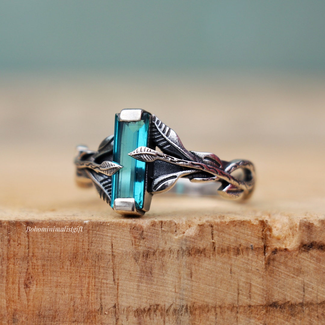 Sterling Silver Leaf Ring: Blue Hydro Topaz Gemstone, Artistic Jewelry ...
