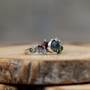 Moss Agate Crescent Moon Ring, Sterling Silver Leaves Band, Handmade ...