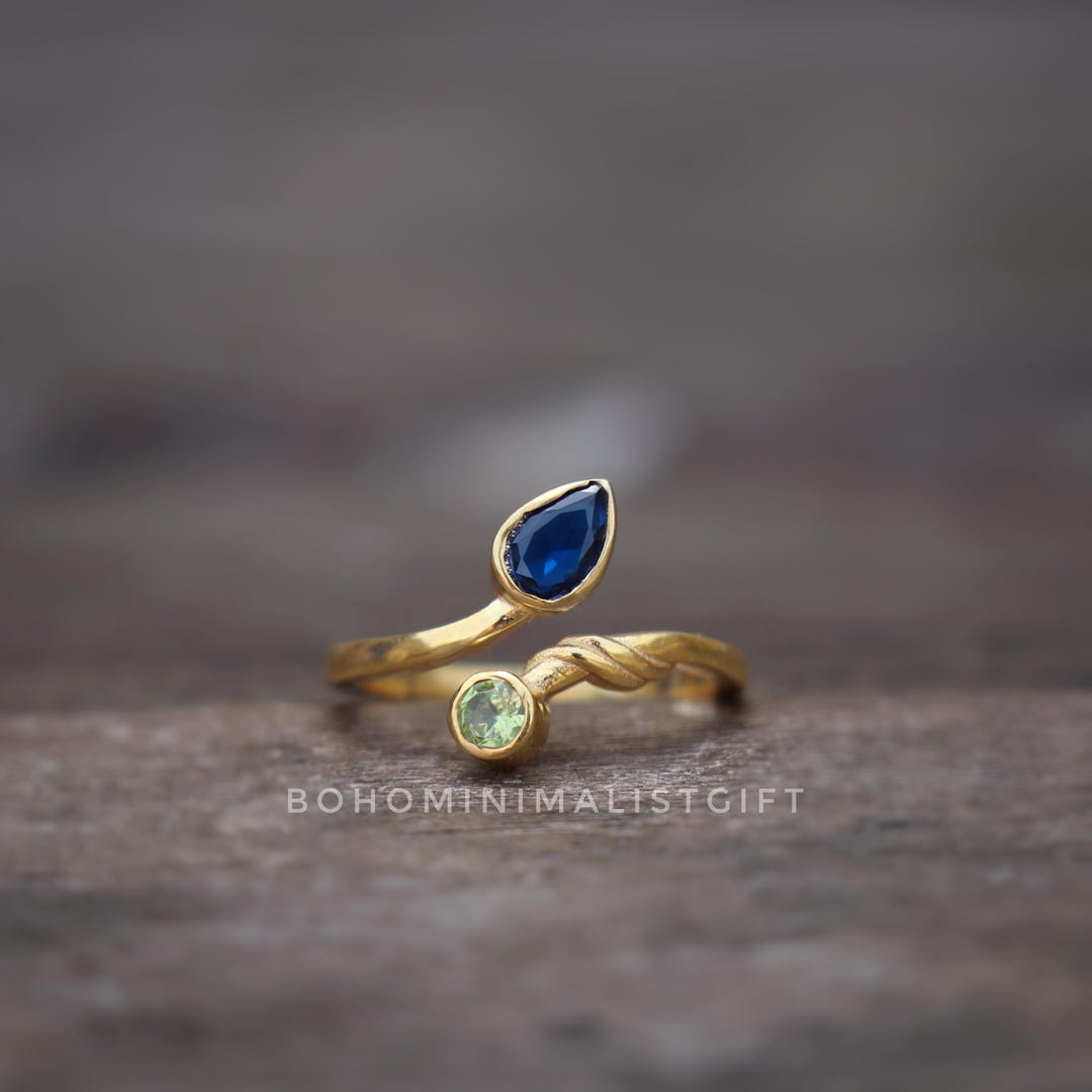 Blue Sapphire and Peridot Ring, Adjustable Ring, 18k Gold Plated, 925 ...