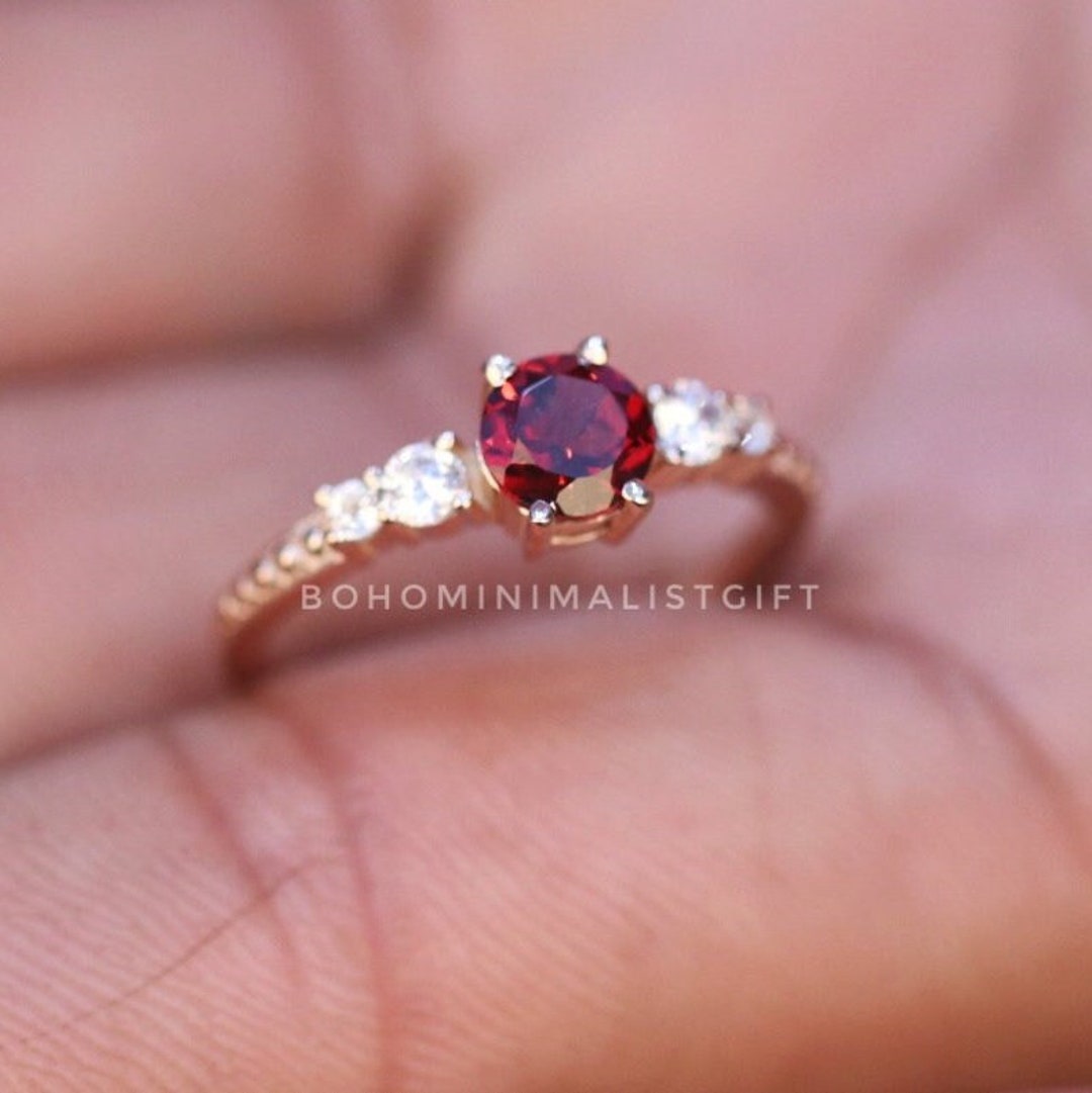 Round Cut Garnet Ring, Engagement Ring, 14k Rose Gold Vermeil Ring, Birthstone Ring, Dainty ...