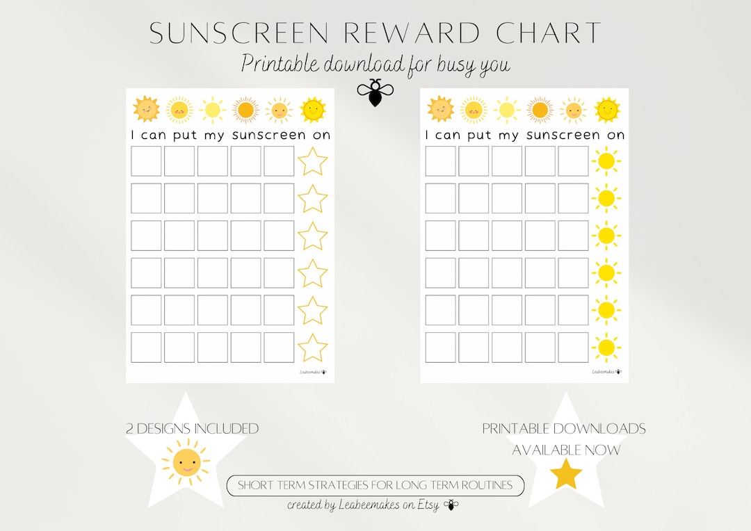 Sunscreen Reward Chart Star Chart Reward Chart Sticker Chart Summer Sun ...