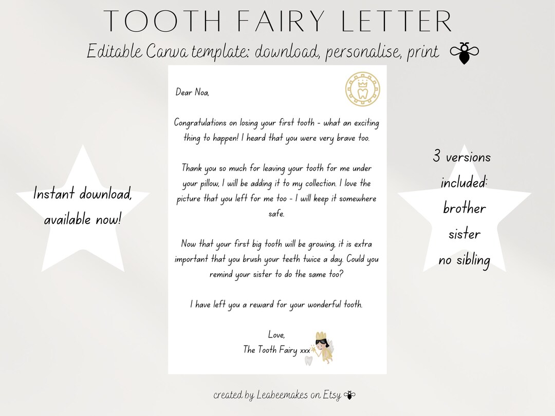 Editable Tooth Fairy Letter Template: Canva Printable (digital Download ...