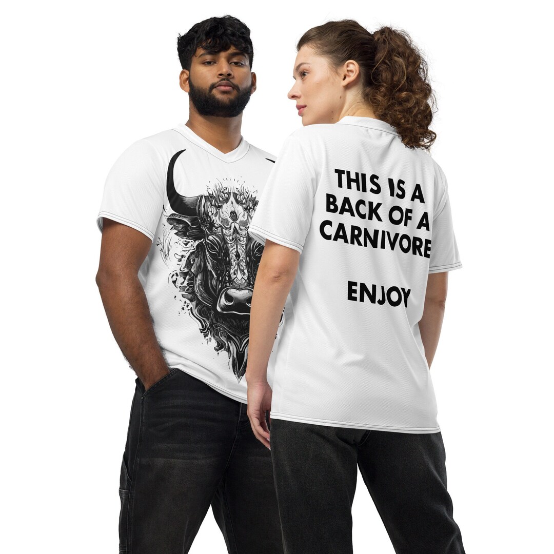 His is a Back of a Carnivore Recycled Carnivore Unisex Sports Jersey ...