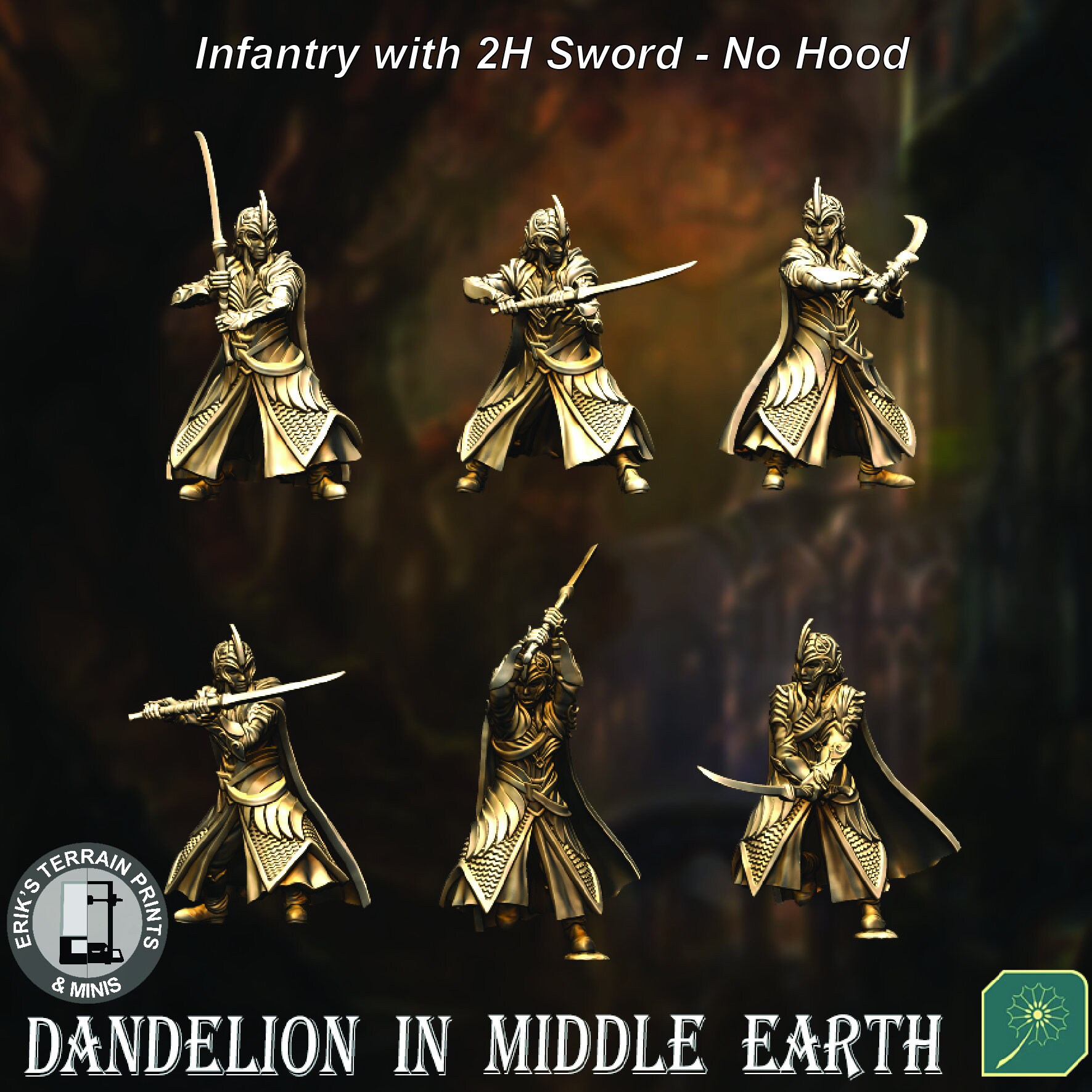 6 Golden Elves Infantry With 2h Sword With Hood or Without Hood Wood ...