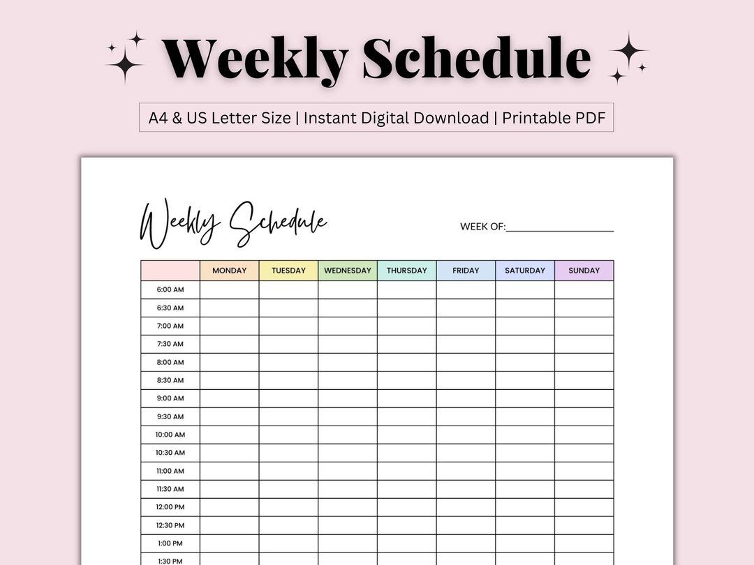 Weekly Schedule, Half Hour Weekly Planner, Work Planner, Block Time ...